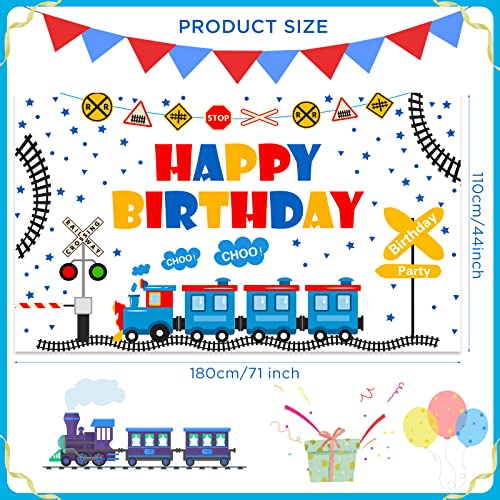 Train Theme Happy Birthday Banner Backdrop Train Party Decorations for Boy Girl Kid Train Birthday Party Supplies Railroad Train Crossing Themed Party Backdrop Background Decorations 71 x 44 Inch