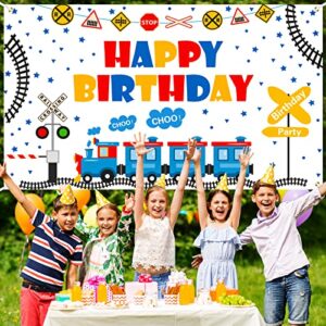 Train Theme Happy Birthday Banner Backdrop Train Party Decorations for Boy Girl Kid Train Birthday Party Supplies Railroad Train Crossing Themed Party Backdrop Background Decorations 71 x 44 Inch