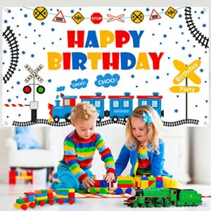 Train Theme Happy Birthday Banner Backdrop Train Party Decorations for Boy Girl Kid Train Birthday Party Supplies Railroad Train Crossing Themed Party Backdrop Background Decorations 71 x 44 Inch