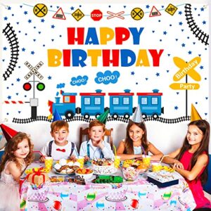 Train Theme Happy Birthday Banner Backdrop Train Party Decorations for Boy Girl Kid Train Birthday Party Supplies Railroad Train Crossing Themed Party Backdrop Background Decorations 71 x 44 Inch