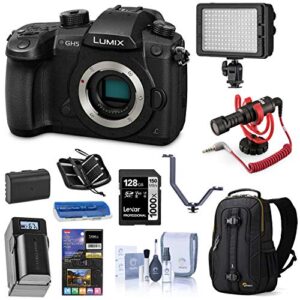 panasonic lumix gh5 4k mirrorless digital camera, 20.3 megapixel dc-gh5 (body), essential bundle with led light, rode videomicro mic, backpack, battery, charger, 128gb sd card and accessories