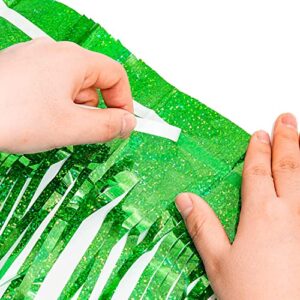 BRAVESHINE Green Glitter Tinsel Foil Fringe Curtains - 2 Pack 3.2 x 8.2 ft Metallic Photo Backdrop for St Patricks Day Tropical Hawaiian Jungle Safari Dinosaur Birthday Christmas Party Decorations