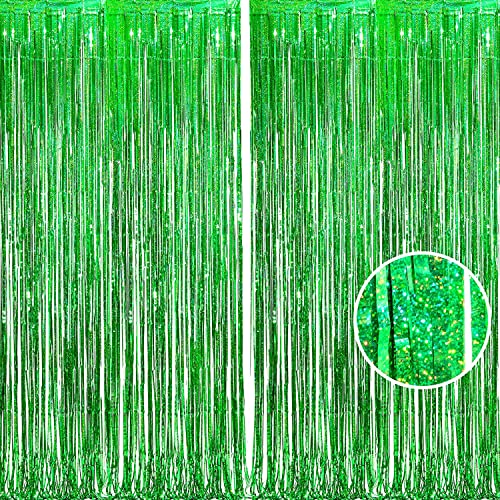 BRAVESHINE Green Glitter Tinsel Foil Fringe Curtains - 2 Pack 3.2 x 8.2 ft Metallic Photo Backdrop for St Patricks Day Tropical Hawaiian Jungle Safari Dinosaur Birthday Christmas Party Decorations