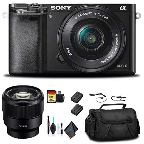 Sony Alpha a6000 Mirrorless Camera with 16-50mm and 55-210mm Lenses ILCE6000Y/B FE 85mm Lens, Soft Bag, Additional Battery, 64GB Memory Card, Card Reader, Plus Essential Accessories