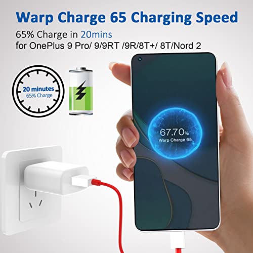 Warp Charger 65W for OnePlus 9R/9RT 5G/9/9 Pro, OnePlus Charger Warp Charge for OnePlus Nord 2 5G/8T/8T+ 5G,USB Wall Plug Block Replacement with Warp Charging USB A to C Cable（3.3ft）