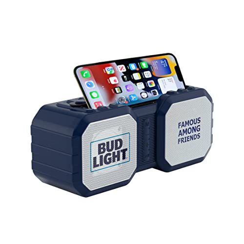 Bud Light Rugged Bluetooth Speaker with Phone Holder - Water Resistant - Phone Holder - Micro SD Card Reader - FM Radio - Carrying Handle - Bluetooth Speaker