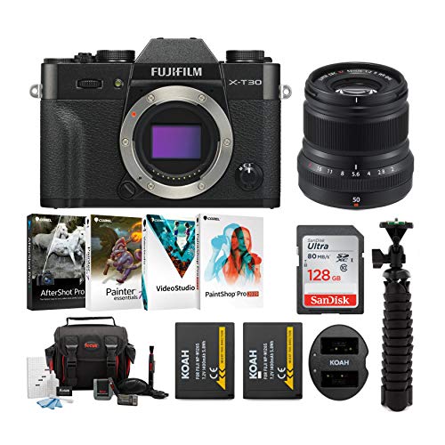 Fujifilm X-T30 Mirrorless Camera Body (Black) with XF 50mm F2 Lens Accessory Bundle with Sandisk 128GB Ultra UHS-I, 2 NP-W126 & Dual Charger,Tripod and Deluxe Photo Software