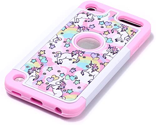 Apple iPod Touch 6,7th Case, iPod 7th Case, Rainbow Unicorn Pattern Shockproof Studded Rhinestone Crystal Bling Hybrid Case Silicone Protective Armor for Apple iPod Touch 6 7th Generation