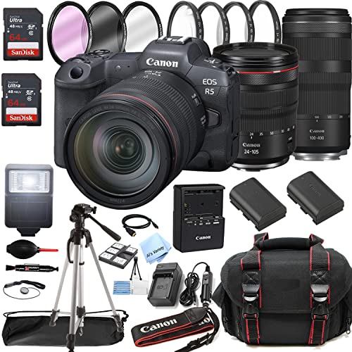 R5 Mirrorless Digital Camera with RF 24-105mm f/4 L is USM Lens + RF 100-400mm is USM Lens + 128GB Memory + Case + Tripod + Filters (41pc Bundle)