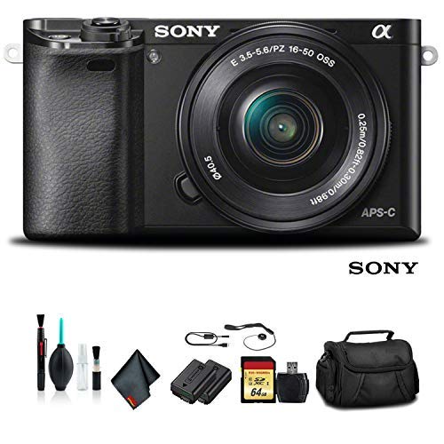 Sony Alpha a6000 Mirrorless Camera with 16-50mm Lens Black with Soft Bag, Tripod, Additional Battery, 64GB Memory Card, Card Reader, Plus Essential Accessories