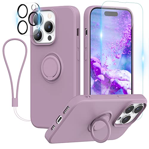 Inbeage [4 in 1 for iPhone 14 Pro Case Ring Stand,with Screen Protector+Camera Lens Protector+Hand Strap,Silky Touch Silicone Cover with 360° Kickstand,6.1 inch (Lilac Purple)