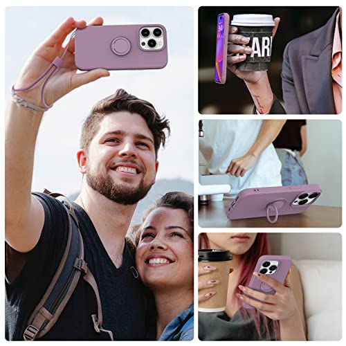 Inbeage [4 in 1 for iPhone 14 Pro Case Ring Stand,with Screen Protector+Camera Lens Protector+Hand Strap,Silky Touch Silicone Cover with 360° Kickstand,6.1 inch (Lilac Purple)