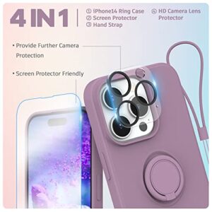 Inbeage [4 in 1 for iPhone 14 Pro Case Ring Stand,with Screen Protector+Camera Lens Protector+Hand Strap,Silky Touch Silicone Cover with 360° Kickstand,6.1 inch (Lilac Purple)