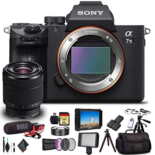 Sony Alpha a7 III Mirrorless Camera with 28-70mm Lens with Soft Bag, 2X Extra Batteries, Rode Mic, LED Light, External Monitor, 2X 64GB Memory Card, Sling Soft Bag, Plus Essential Accessories