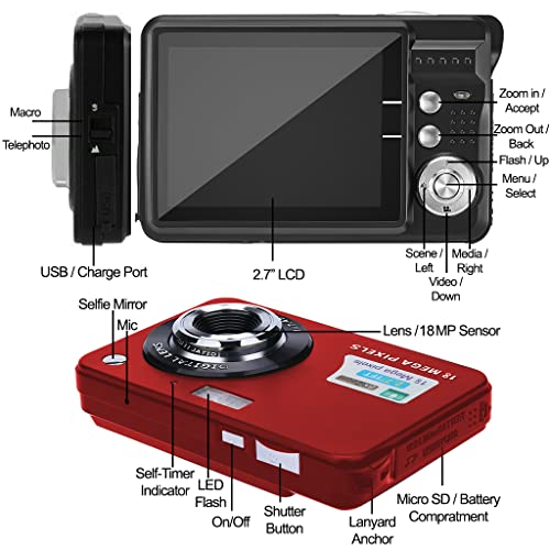 Acuvar 18MP Megapixel Digital Camera Kit with 2.7" LCD Screen, Rechargeable Battery, 32GB SD Card, Card Holder, Card Reader, HD Photo & Video for Indoor, Outdoor Photography for Adults, Kids (Red)