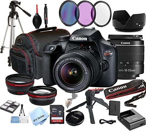 Canon EOS Rebel T100 DSLR Camera w/EF-S 18-55mm F/3.5-5.6 Zoom Lens + 64GB Memory + Case + Tripod + Filters (28pc Bundle) (Renewed)