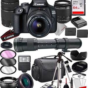 4000D (Rebel T100) DSLR Camera with 18-55mm f/3.5-5.6 III Zoom Lens & 75-300mm III Lens Bundle + 420-800mm Zoom Telephoto Lens + 64GB Memory, Case, Tripod, Extra Battery and More