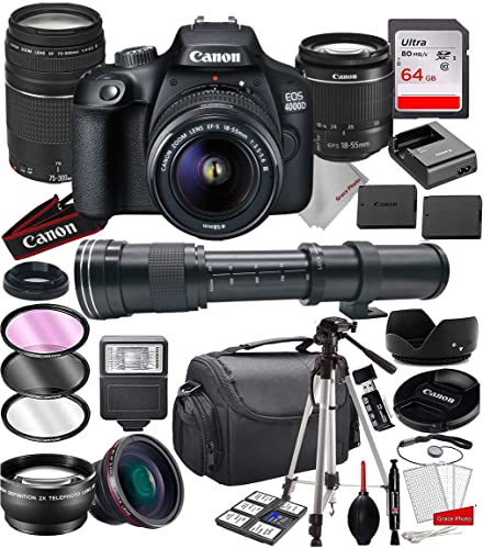 4000D (Rebel T100) DSLR Camera with 18-55mm f/3.5-5.6 III Zoom Lens & 75-300mm III Lens Bundle + 420-800mm Zoom Telephoto Lens + 64GB Memory, Case, Tripod, Extra Battery and More