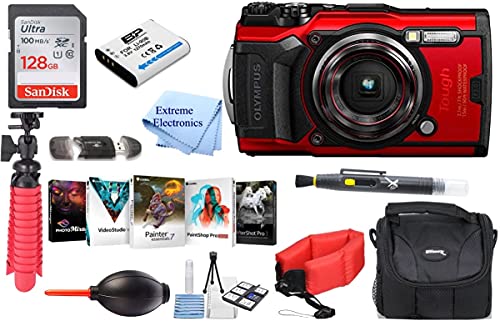 Extreme Electronics Olympus Tough TG-6 Waterproof Camera (Red) - Adventure Bundle with Extra Batterie + Float Strap Sandisk 128GB Ultra Memory Card Padded Case Flex Tripod Photo Software Suite More