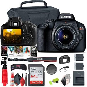 canon eos rebel t100 / 4000d dslr camera with 18-55mm lens, 64gb memory card, case, photo software, lpe10 battery, flex tripod, hand strap, memory wallet, cleaning kit (renewed)