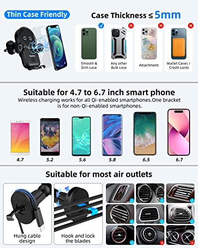 Wireless Car Charger iPhone with Vent Clip,15W Fast Charging Kharly Car Phone Charger Holder,Smart Sensor Auto-Clamping Fashion Phone Holder Mount for Car for iPhone 14 Pro/13 Samsung etc