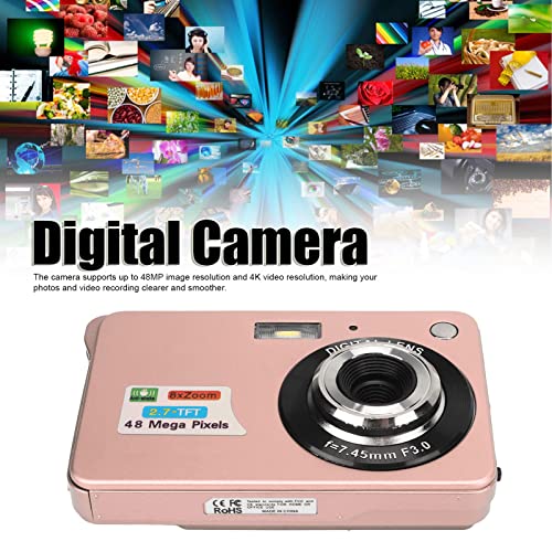 Digital Camera 4K, 4K Digital Camera 48MP 2.7in LCD Display 8X Zoom Anti Shake Vlogging Camera for Photography Continuous Shooting (Pink)