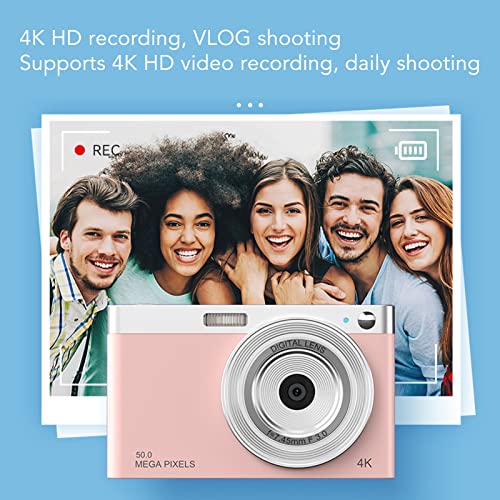 4K Digital Video Camera, 2.88 inch IPS 50MP 16X Zoom Vlogging Camera with Fill Light, Portable Mini HD Mirrorless Camera Autofocus Shooting for Students, Teens, Kids(Pink)