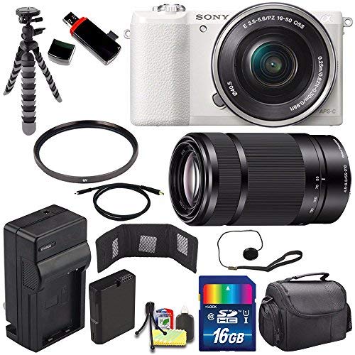 Sony Alpha a5100 Mirrorless Digital Camera with 16-50mm Lens (White) + Sony E 55-210mm f/4.5-6.3 OSS E-Mount Lens 16GB Bundle 19 - International Version (No Warranty)