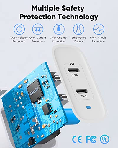 PowerLot USB C Wall Charge PD3.0 2-Port 40W Power Brick GaN Charger, 20W USB C Block for iPhone 14/14 Pro/14 Pro Max/14 Plus, iPhone 13/13 Pro, iPhone 12/12 Pro, MacBook Air, iPad Pro, iPad Air