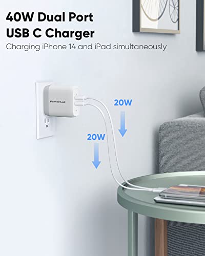 PowerLot USB C Wall Charge PD3.0 2-Port 40W Power Brick GaN Charger, 20W USB C Block for iPhone 14/14 Pro/14 Pro Max/14 Plus, iPhone 13/13 Pro, iPhone 12/12 Pro, MacBook Air, iPad Pro, iPad Air