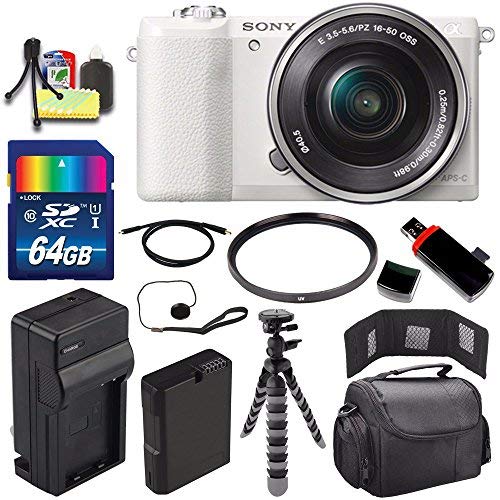 Sony Alpha a5100 Mirrorless Digital Camera with 16-50mm Lens (White) + Battery + Charger + 64GB Bundle 3 - International Version (No Warranty)