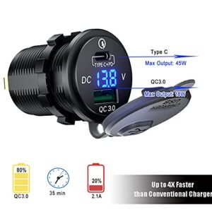 GemCoo 12V USB Charger, PD Type C Car Charger Socket and QC 3.0 Dual USB Charger Socket 63W, Waterproof Power Outlet Fast Charge for Motorcycle Marine Boat RV ATV (Type C+ QC3.0(G))