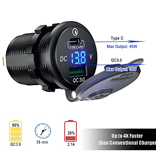 GemCoo 12V USB Charger, PD Type C Car Charger Socket and QC 3.0 Dual USB Charger Socket 63W, Waterproof Power Outlet Fast Charge for Motorcycle Marine Boat RV ATV (Type C+ QC3.0(G))