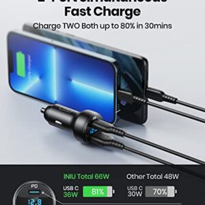 INIU USB C Car Charger, 66W Total [USB C+USB A] Car Charger Adapter with PD & QC, Fast Charging All Metal Tiny Car Phone Charger for iPhone 14 13 12 11 X Pro Samsung S21 Pixel iPad MacBook Air Tablet