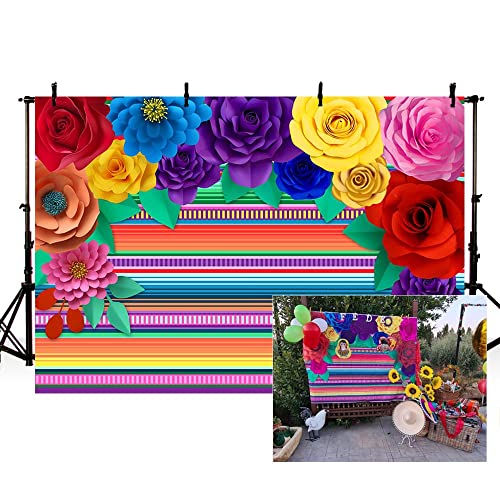 MEHOFOND 7x5ft Mexican Theme Striped Paper Flowers Background Fiesta Cinco De Mayo Party Table Banner Decor Photography Props Photo Booth Backdrop Supplies