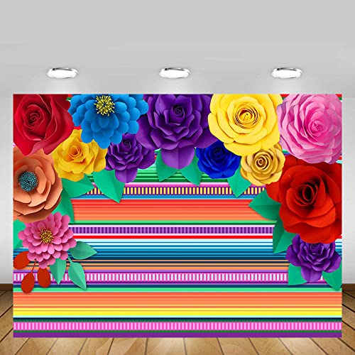 MEHOFOND 7x5ft Mexican Theme Striped Paper Flowers Background Fiesta Cinco De Mayo Party Table Banner Decor Photography Props Photo Booth Backdrop Supplies