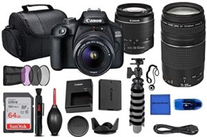 canon eos 4000d (rebel t100) dslr camera w/ef-s 18-55mm f/3.5-5.6 lens + ef 75-300 lens + case + sandisk 64gb memory card + 3pc filter kit + tripod + card reader + cleaning kit (intl model) (renewed)