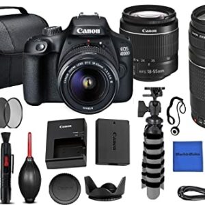 Canon EOS 4000D (Rebel T100) DSLR Camera w/EF-S 18-55mm F/3.5-5.6 Lens + EF 75-300 Lens + Case + Sandisk 64GB Memory Card + 3pc Filter Kit + Tripod + Card Reader + Cleaning Kit (Intl Model) (Renewed)