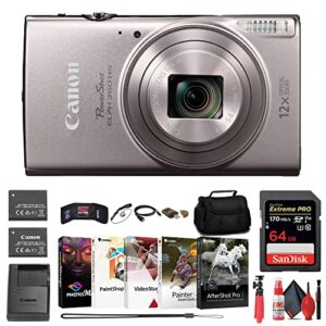 canon power-shot elph 360 hs digital camera (silver) (1078c001) + 64gb memory card + nb11l battery + case + charger + card reader + corel photo software + flex tripod + more (14 items) (renewed)