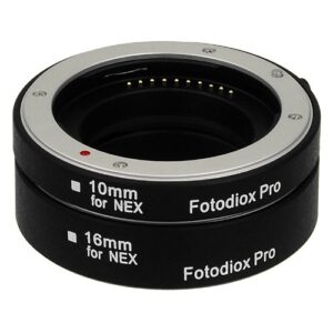 fotodiox pro automatic macro extension tube kit for sony e-mount (nex) mirrorless camera system with auto focus (af) and ttl auto exposure for extreme close-up (10mm, 16mm)