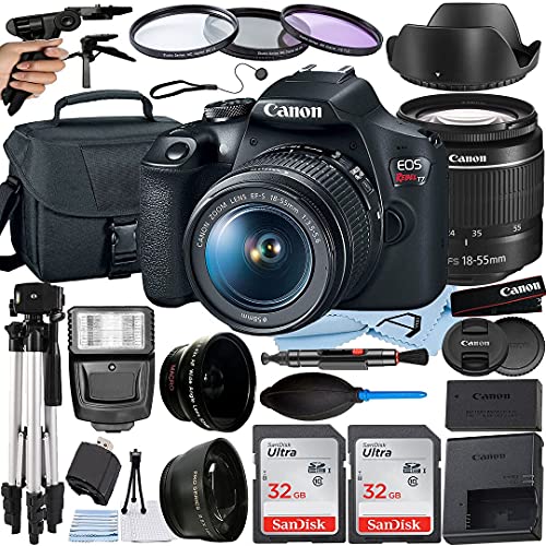 Canon EOS Rebel T7 DSLR Camera 24.1MP with EF-S 18-55mm Lens + A-Cell Accessory Bundle Includes: 2 Pack SanDisk 32GB Memory Card + Flash + Case + Much More (Renewed)