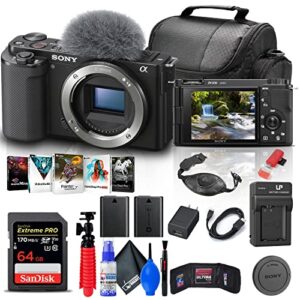 sony zv-e10 mirrorless camera (body only, black) (ilczv-e10/b) + 64gb card + corel photo software + bag + npf-w50 battery + external charger + card reader + hdmi cable + flex tripod + more (renewed)