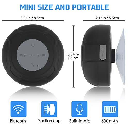 Bluetooth Shower Speaker Waterproof Mini Small Portable Wireless Water-Resistant Speaker Suction Cup Built-in Mic Gifts for Kids Speakerphone for Phone Tablet Home Bathroom Kitchen Outdoors - Black