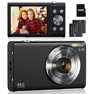 digital camera point and shoot camera 2.7k 48mp kids camera with 16x digital zoom, 32g sd card