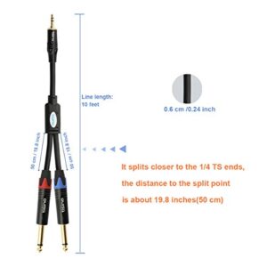 TISINO 1/8 to 1/4 Stereo Cable, 1/8 Inch TRS Stereo to Dual 1/4 inch TS Mono Y-Splitter Cable 3.5mm Aux Mini Jack to Jack Breakout Cord - 10 feet