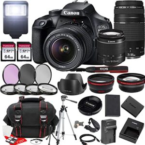 canon eos 4000d (rebel t100) dslr camera w/18-55mm f/3.5-5.6 zoom lens + 75-300mm f/4-5.6 iii lens + 2x 64gb memory + hood + case + filters + tripod + more (35pc bundle)