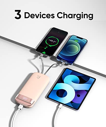 Portable Charger with Built in Cables, 10000mAh USB C iPhone Power Bank, Type C Backup External Battery Pack with 3 Outputs LED Display Compatible with iPhone, Galaxy, Android CellPhones (Pink)