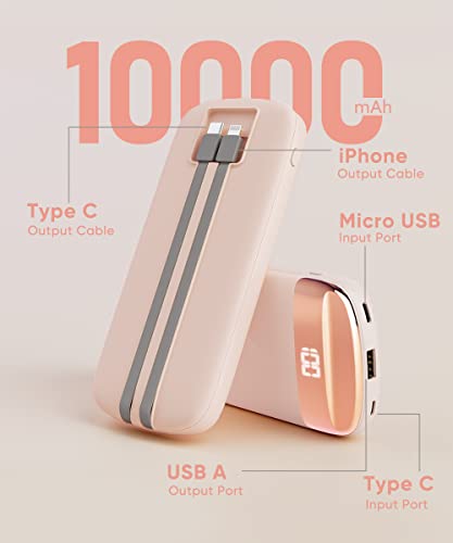 Portable Charger with Built in Cables, 10000mAh USB C iPhone Power Bank, Type C Backup External Battery Pack with 3 Outputs LED Display Compatible with iPhone, Galaxy, Android CellPhones (Pink)