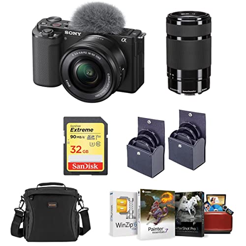 Sony ZV-E10 Mirrorless Camera with 16-50mm & 55-210mm f/4.5-6.3 OSS E-Mount Lens, Black Bundle with Mac Photo Editing Suite, 32GB SD Memory Card, Bag and Accessories Kit