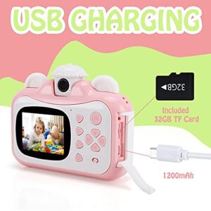 Barchrons Instant Print Digital Kids Camera 1080P Rechargeable Kids Camera for Girls Video Camera with 32G SD Card Gift for 6-12 Years Old Girls Boys